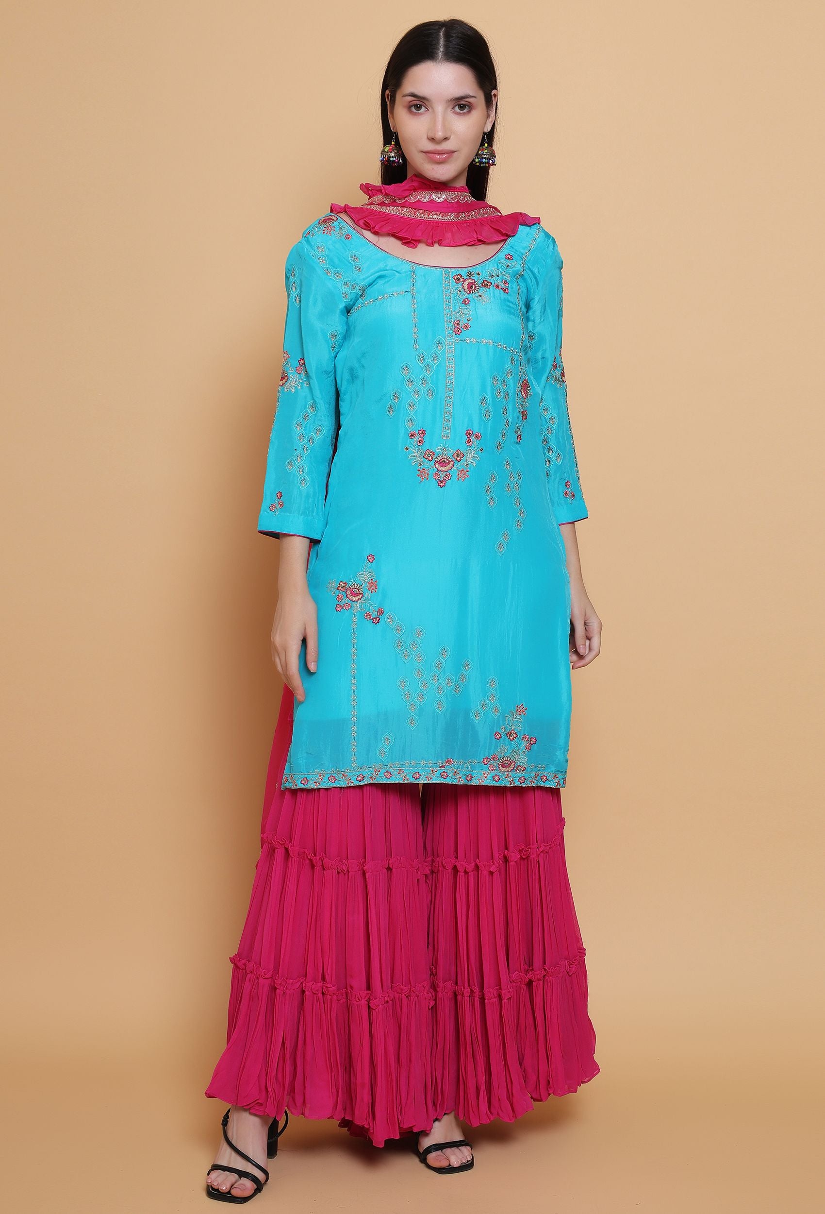 Oceanic Tradition - Suit with Sharara Pants and Ruffle Dupatta ...