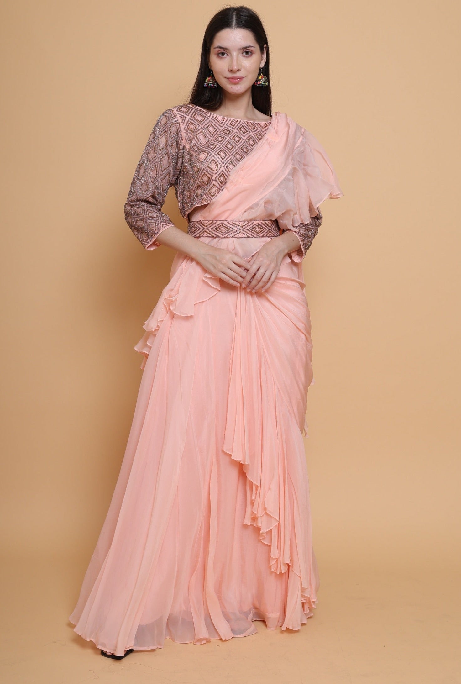 Peach Radiance - Drape Dress with Cut Stone and Sequence Work – Destiny ...